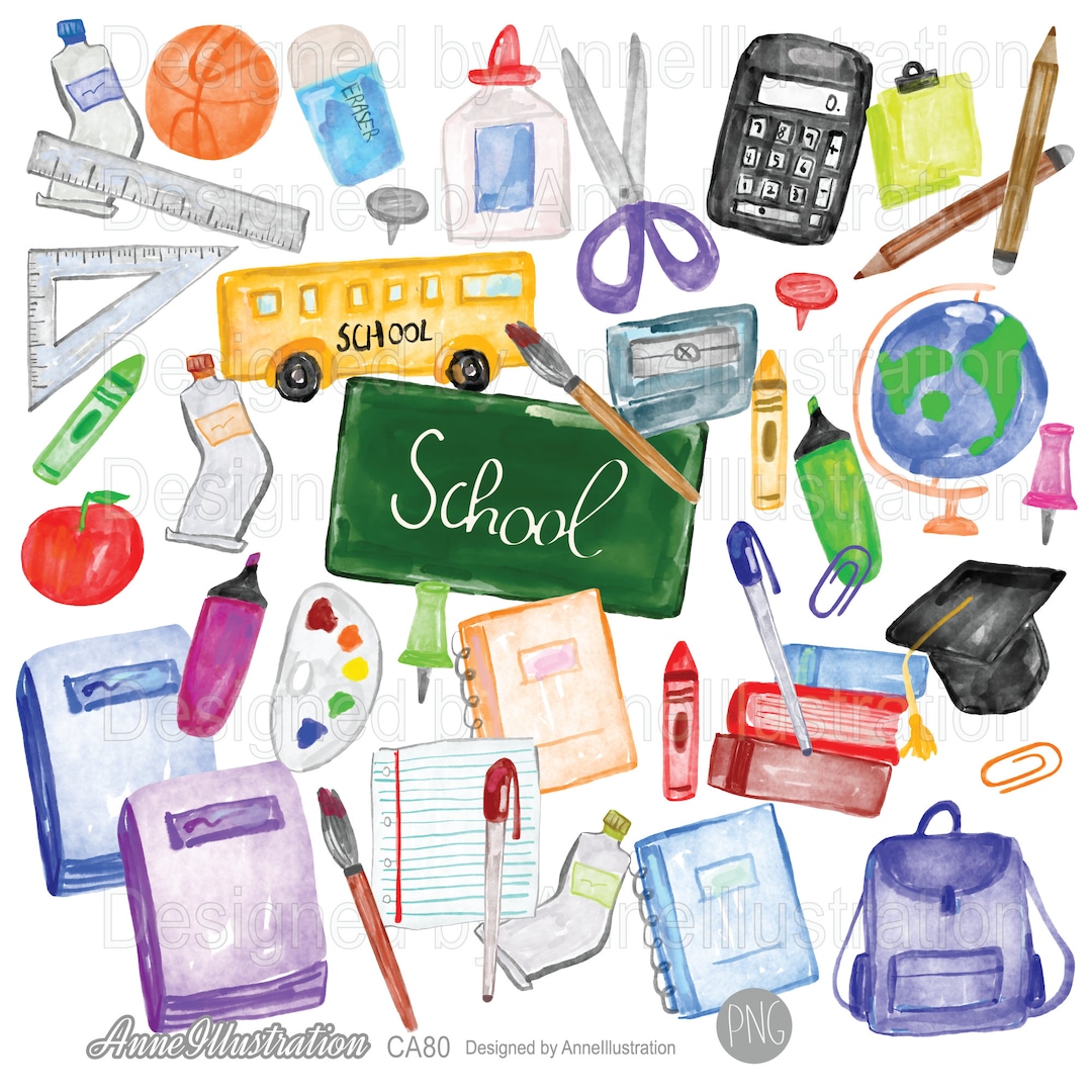 School Clipart,back to School,school Supplies Clipart,watercolor ...