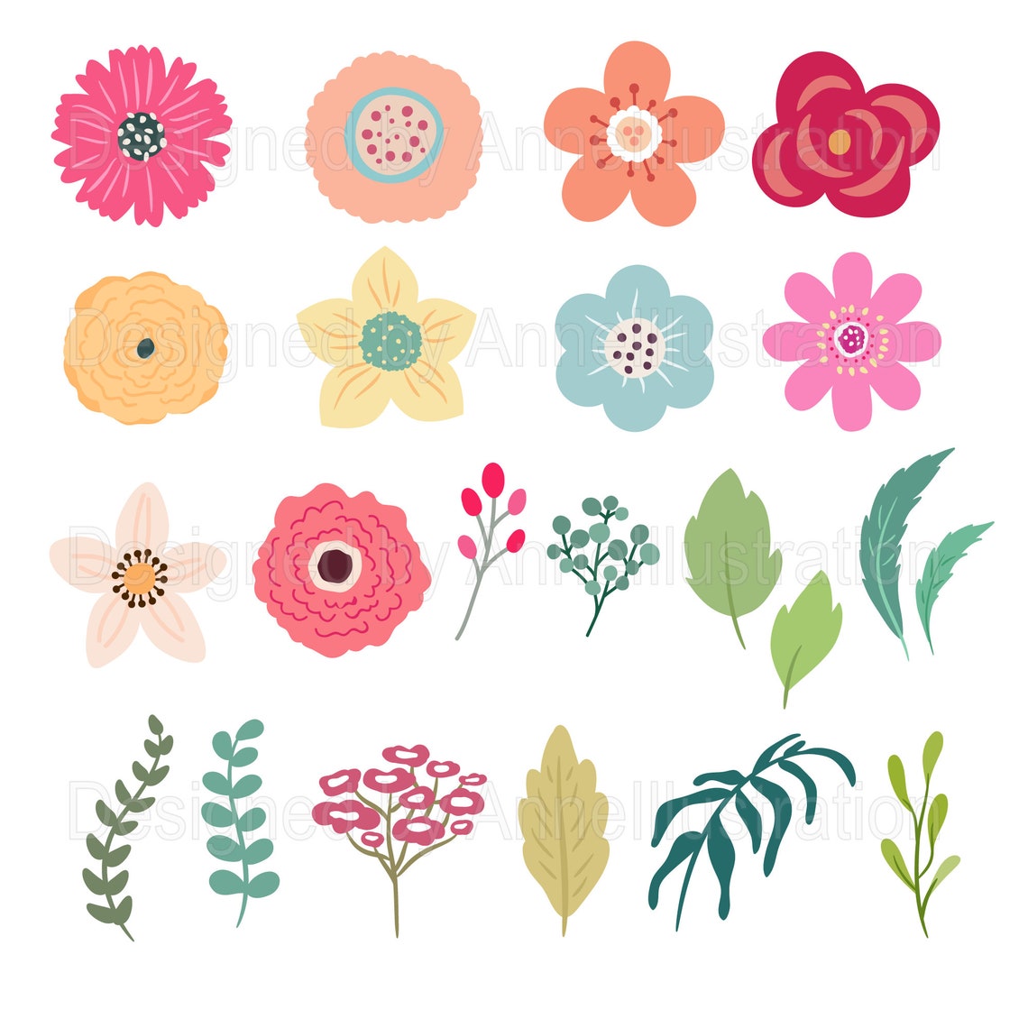 Simple Floral Elements Clipart,,spring,flower Clipart,wedding,leaves ...