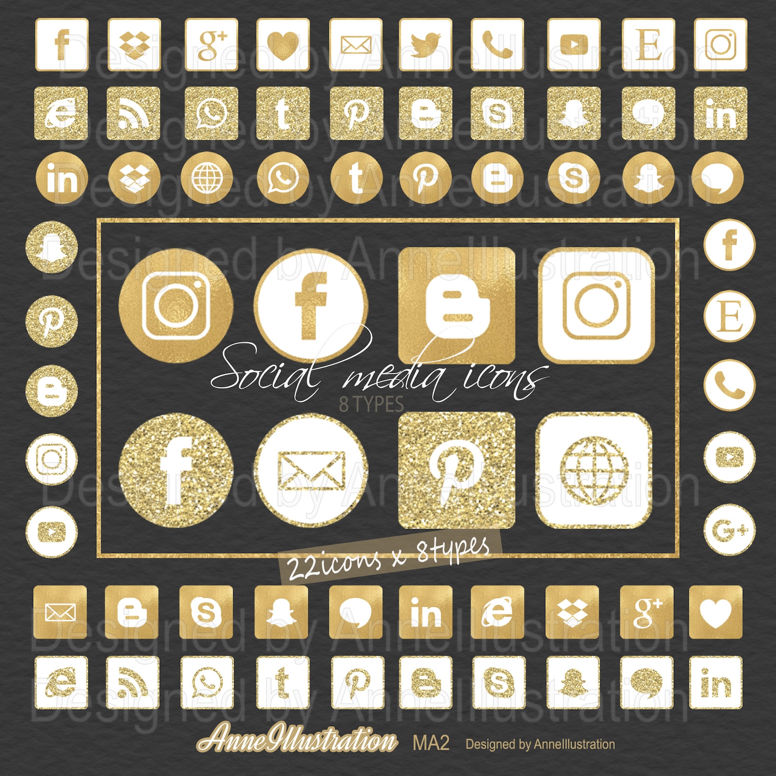 Gold Glitter Social Media Icons Clipart,gold Foil,round Icons,website ...