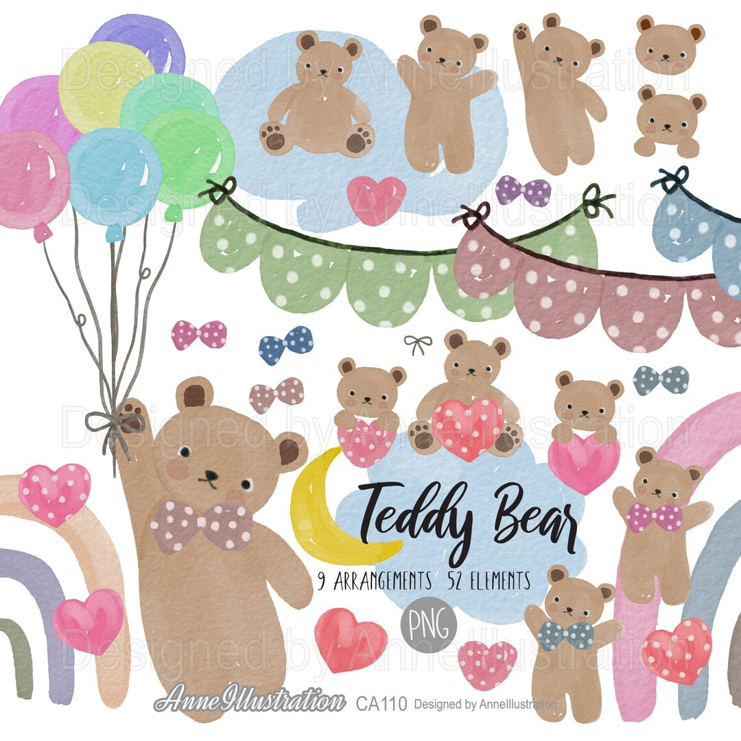 Teddy Bear Clipart Watercolor,handdrawn Party Clipart,rainbow,baby ...