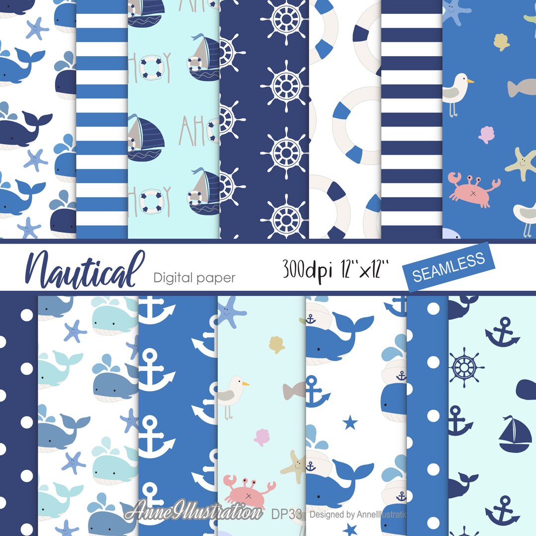 Nautical(seamless)digital Paper,whale,sea,navy Blue,ahoy,sailboat ...