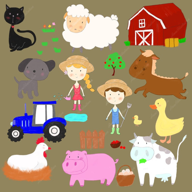 Farm Clipart,farm Animals Clipart,barn House Cow Sheep Pig Duck Dog Cat ...