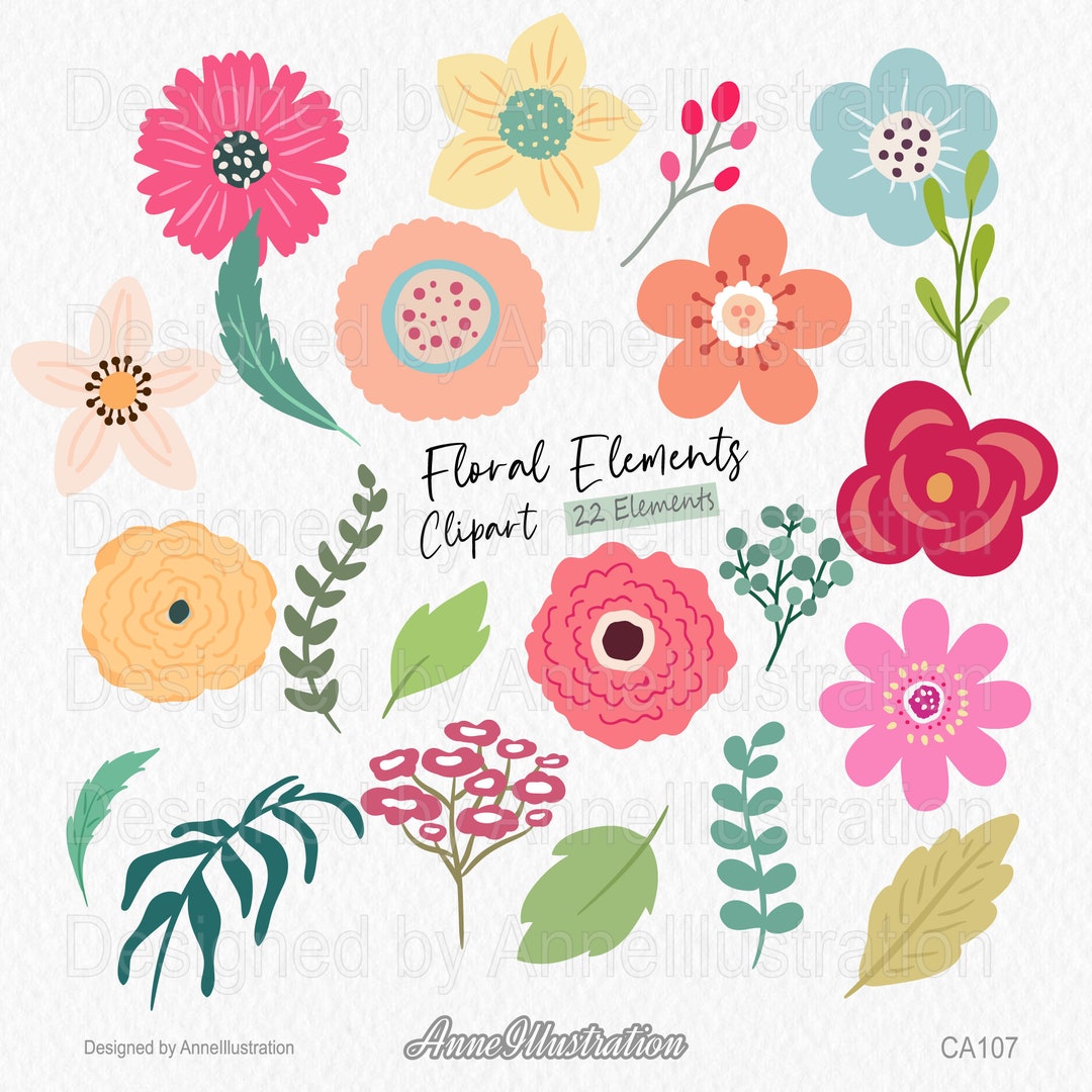 Simple Floral Elements Clipart,,spring,flower Clipart,wedding,leaves ...