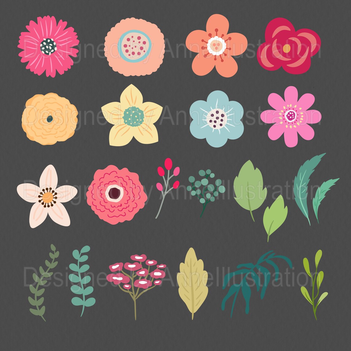 Simple Floral Elements Clipart,,spring,flower Clipart,wedding,leaves ...