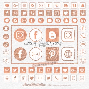 Rose Glitter Social Media Icons Clipart,rose Gold Foil,round Icons ...
