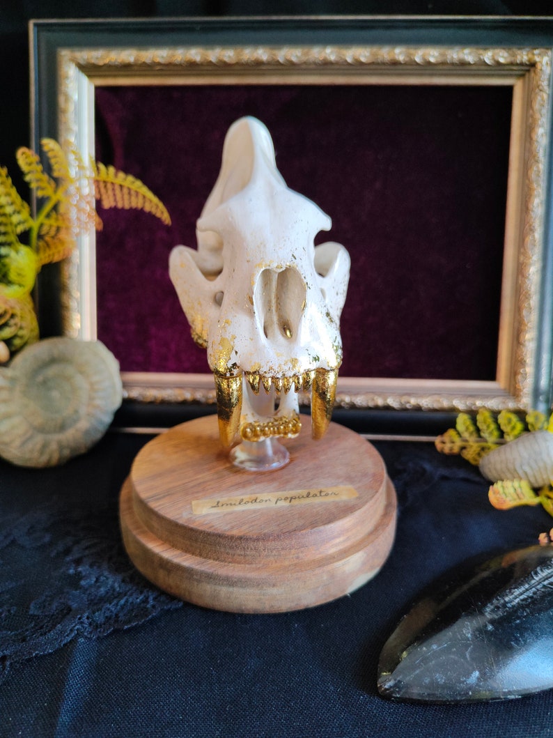 Smilodon Relic Under Glass Dome - White and Gold Saber-toothed Tiger ...