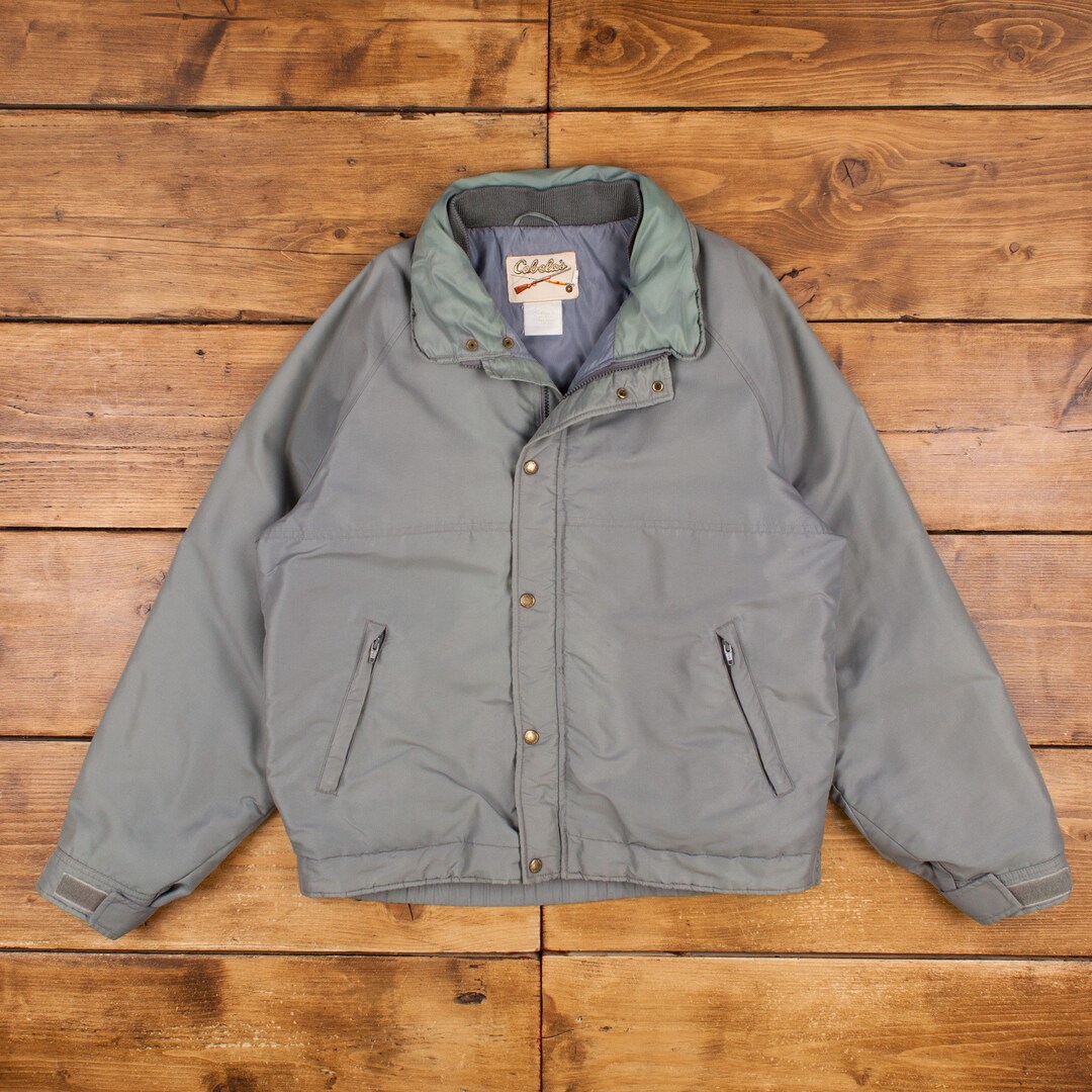 Vintage Cabela's Outdoor Coat L 90s Goose Down Puffer Bomber Grey Zip ...