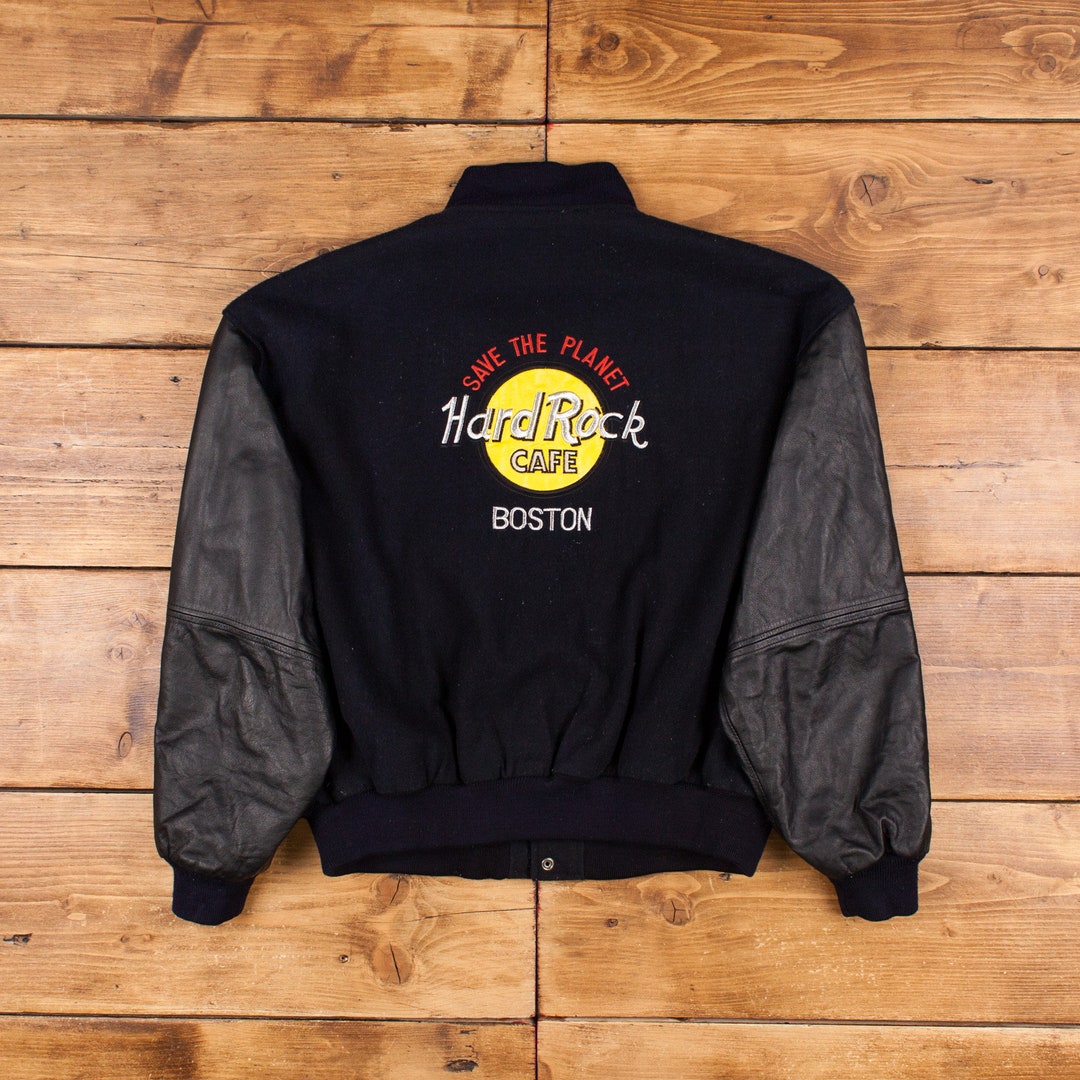 Vintage Hard Rock Cafe Varsity Jacket XL Bomber Leather Wool Blue Snap ...