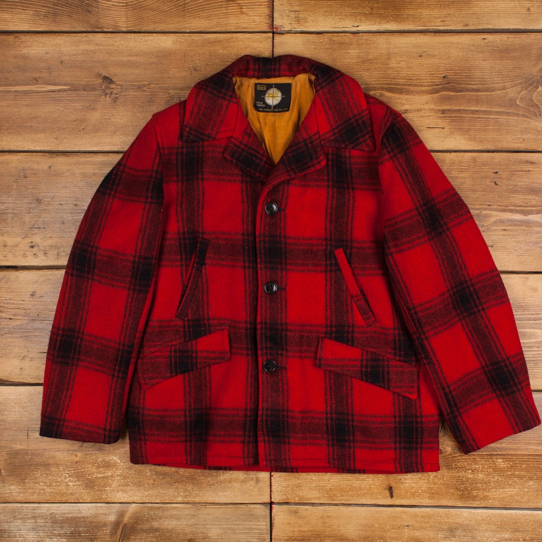 Vintage Sears Wool Coat M 70s Lumberjack Hunting Field Tested Plaid Red ...