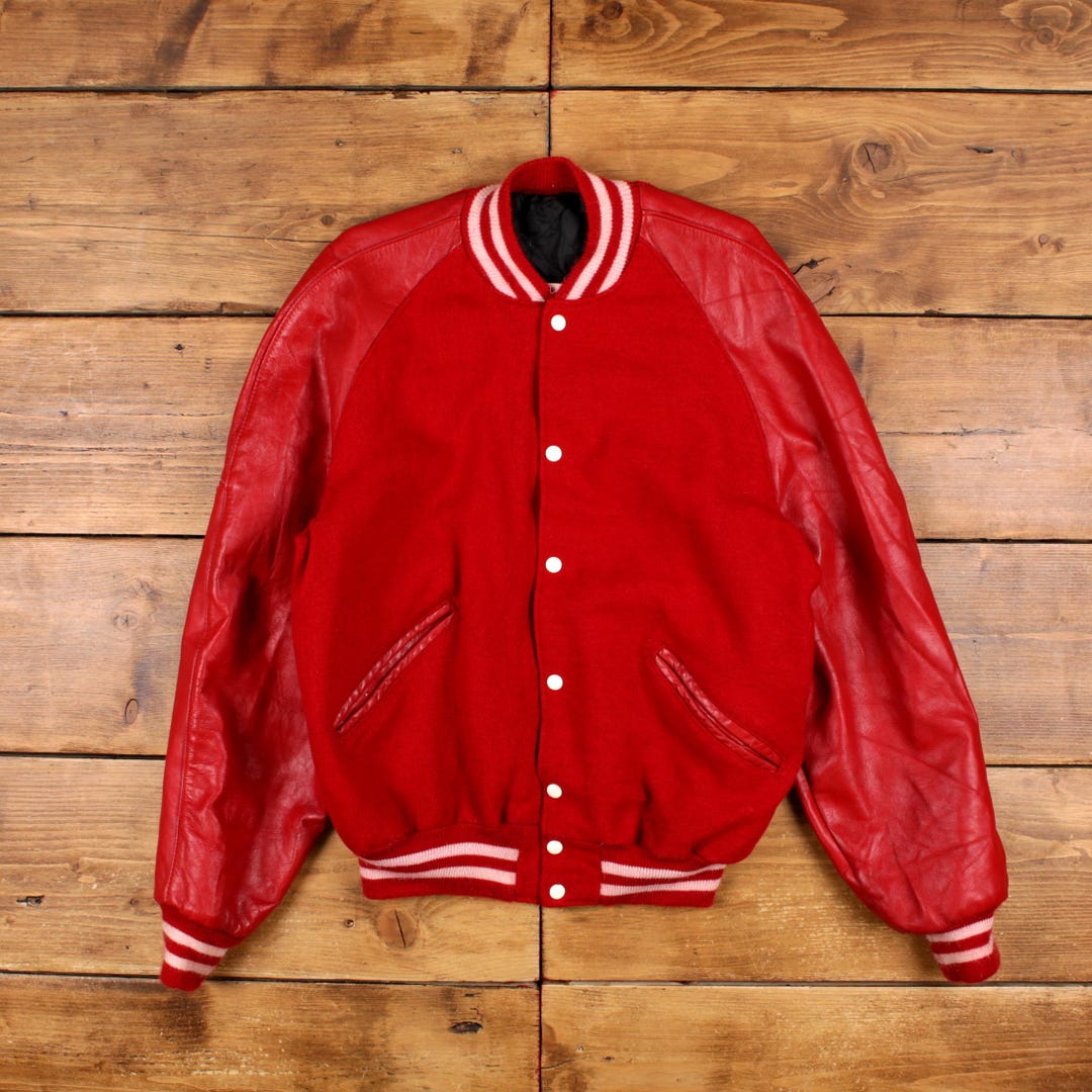 Vintage Varsity Jacket L 90s Bomber Leather USA Made Red - Etsy