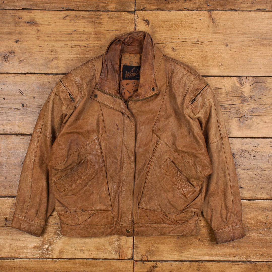 Vintage Winlit Leather Jacket L 80s Aviator Brown Womens Zip - Etsy