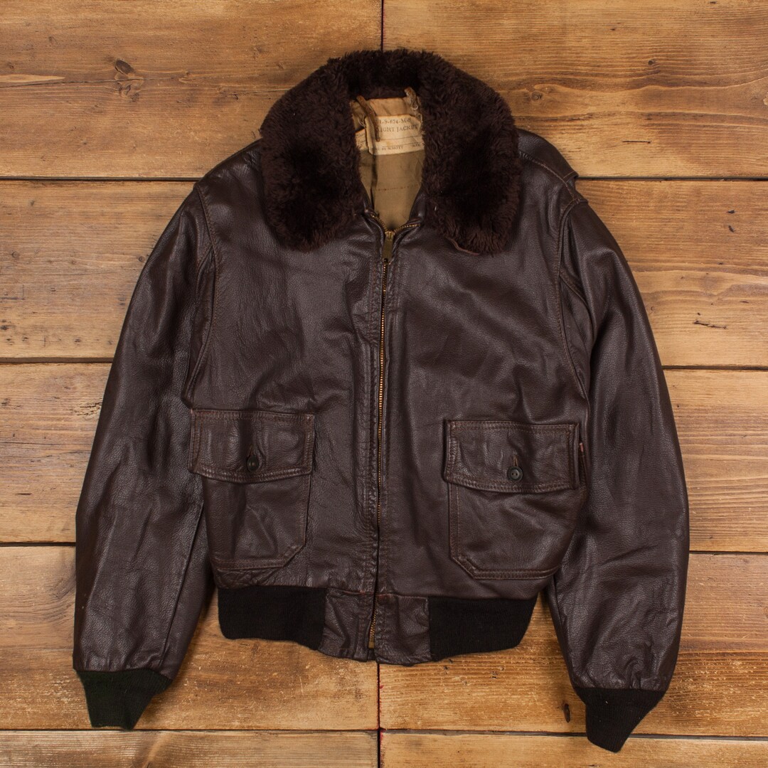 Vintage Schott Leather Jacket XL 60s IS 674 MS Flight Bomber Talon Zip ...