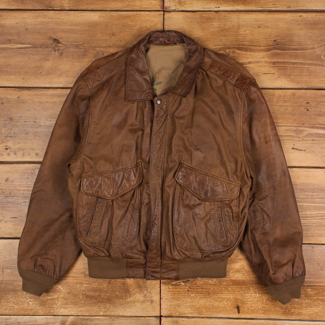 Vintage Hunt Club Leather Jacket L 80s Flight Bomber Brown Snap - Etsy