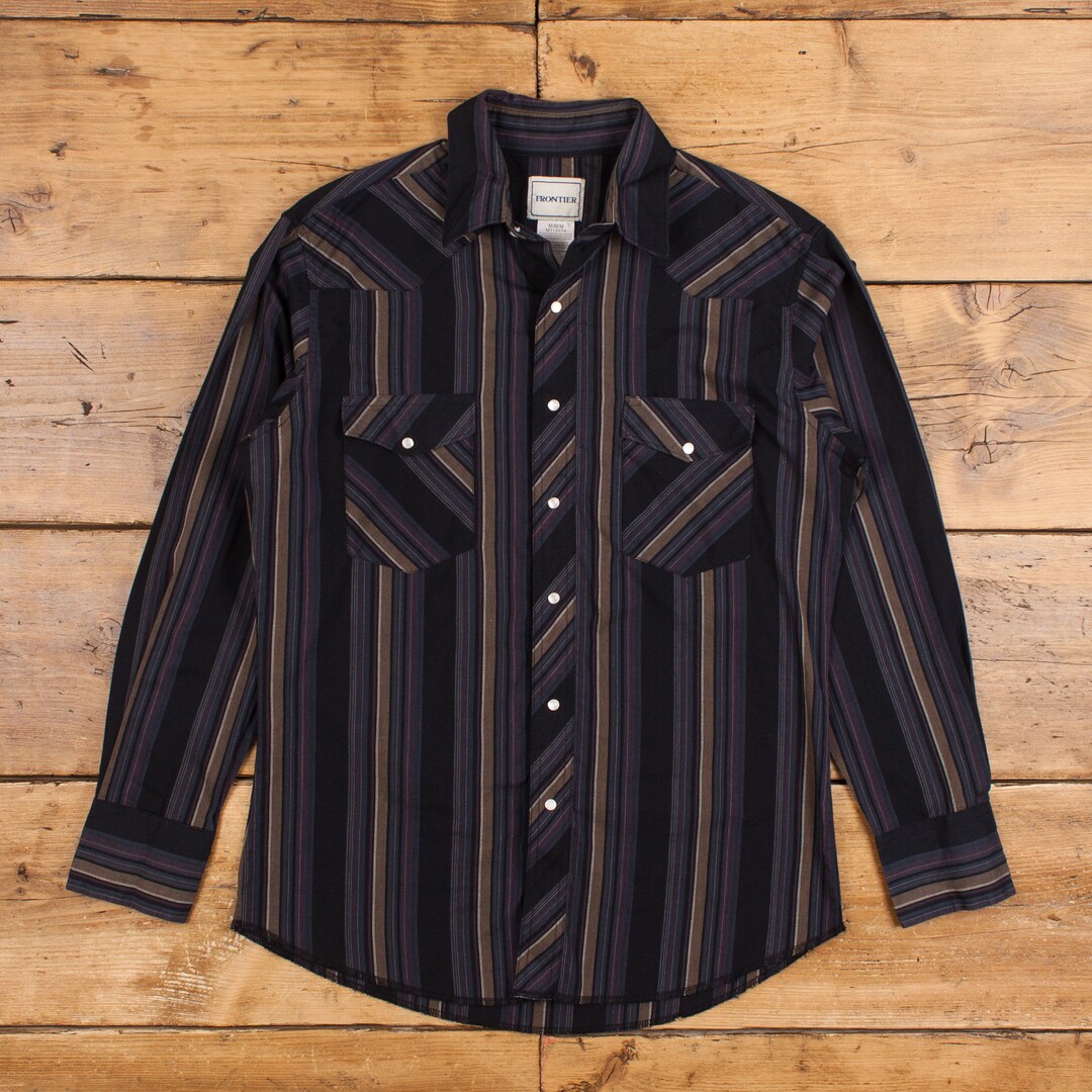 Vintage Frontier Western Shirt Snap M Stripe Mens Long Sleeve Black ...