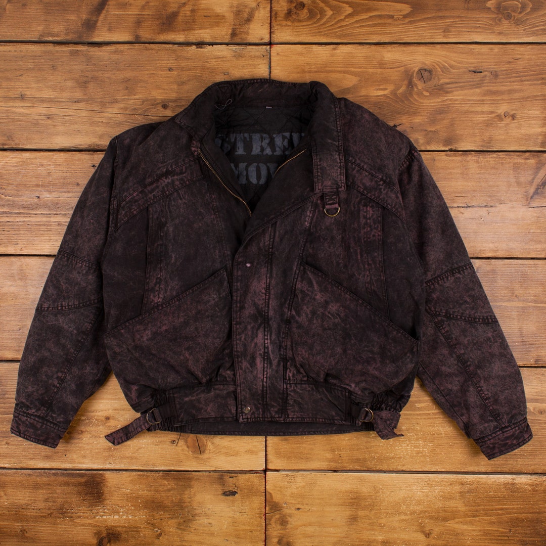 Vintage Street Moves Bomber Jacket XL 90s Red Acid Wash Black Zip Snap ...