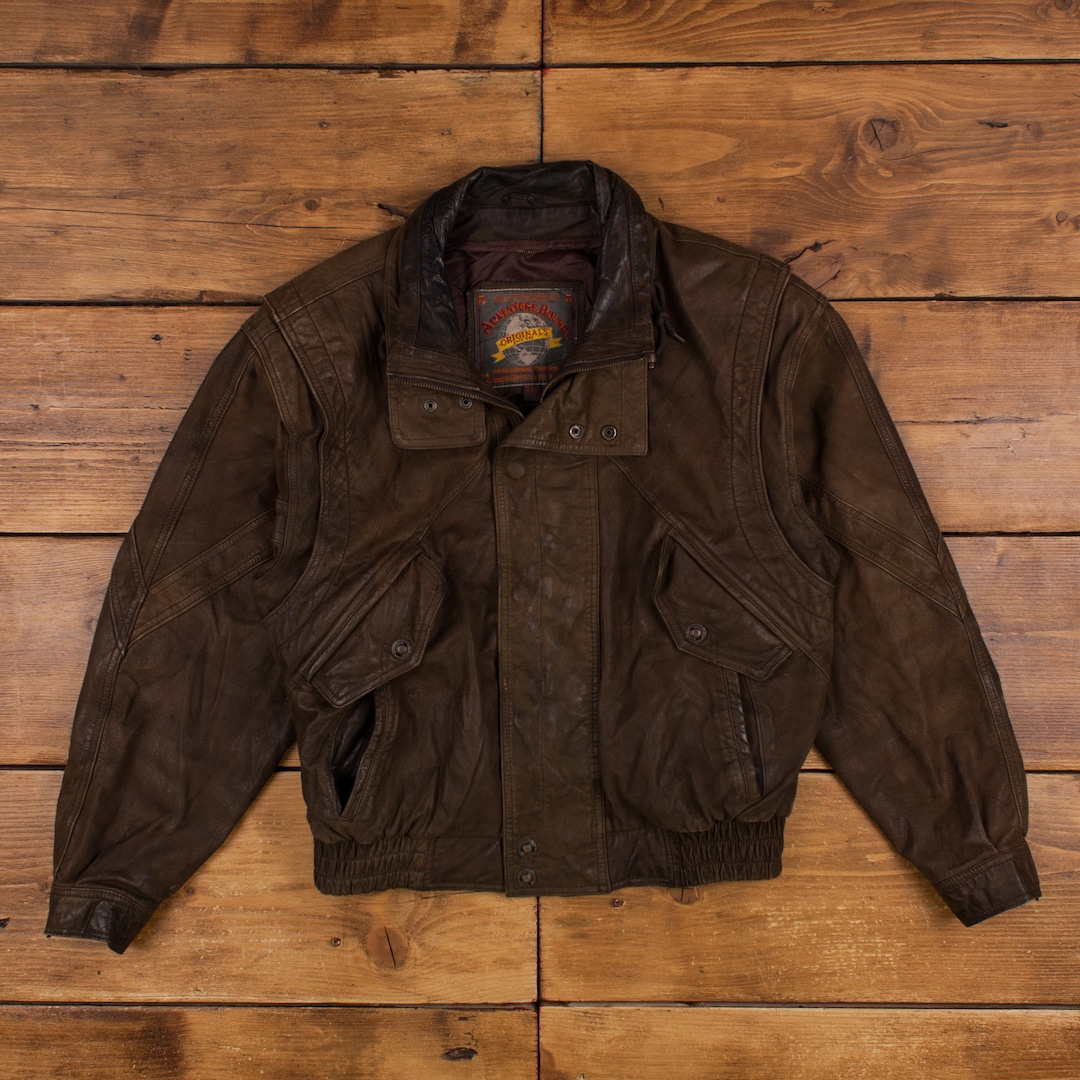 Vintage Adventure Bound Leather Jacket M 90s Aviator Khaki Brown - Etsy