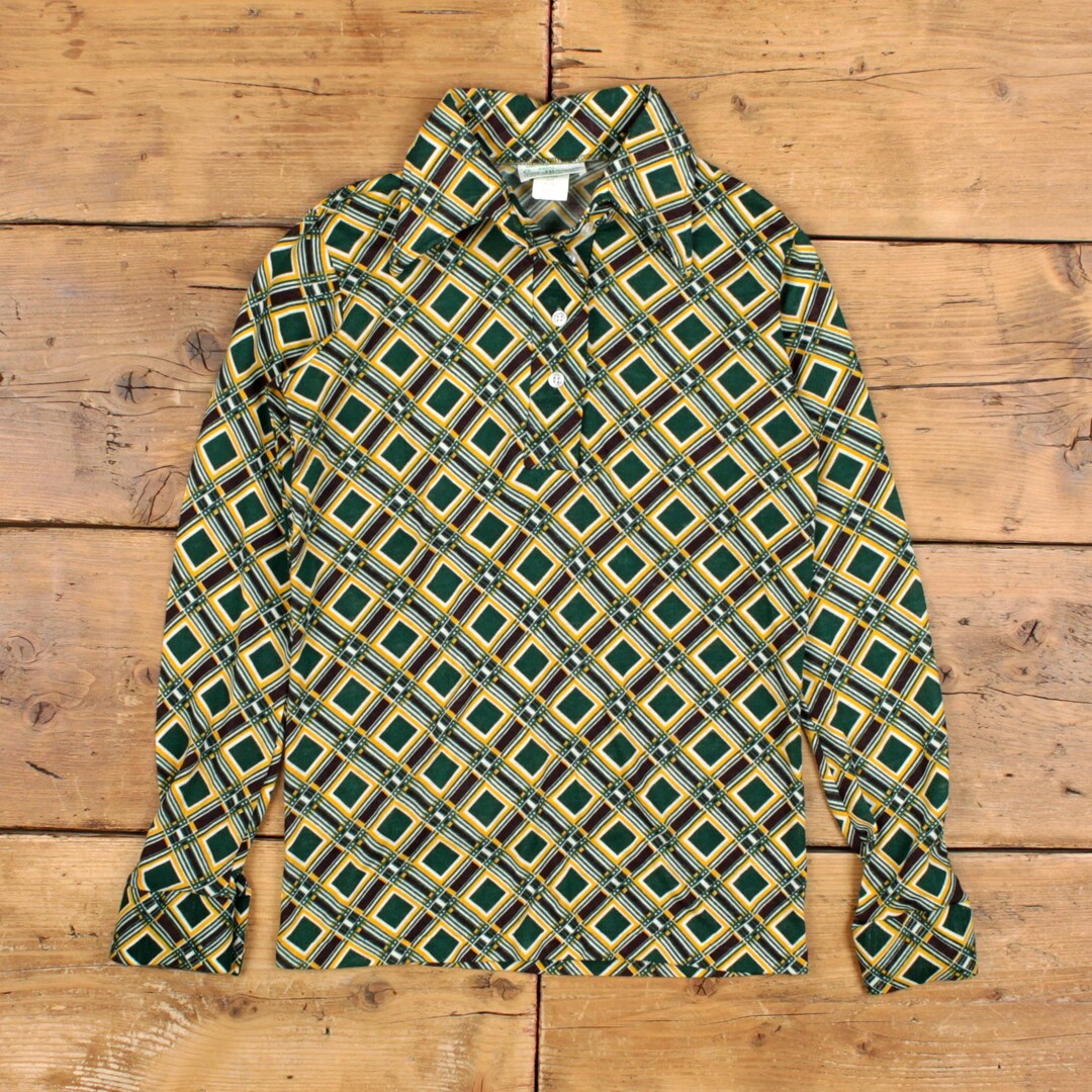 Vintage Sears JR Bazaar Polo Shirt S Mens 70s Green Geometric Retro Mod ...