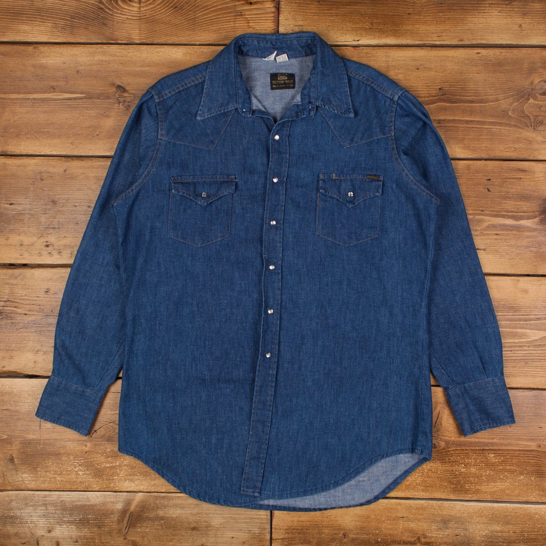 Vintage Sears Denim Shirt Snap XL 90s Western Wear Tall Mens Long ...