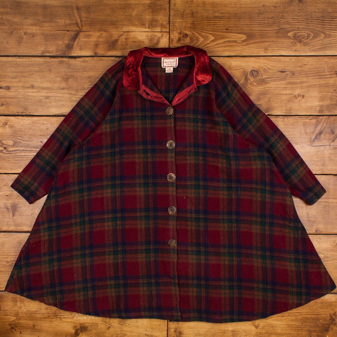 Vintage April Cornell Wool Coat S 70s Tartan Wide Cape Plaid Red Womens ...
