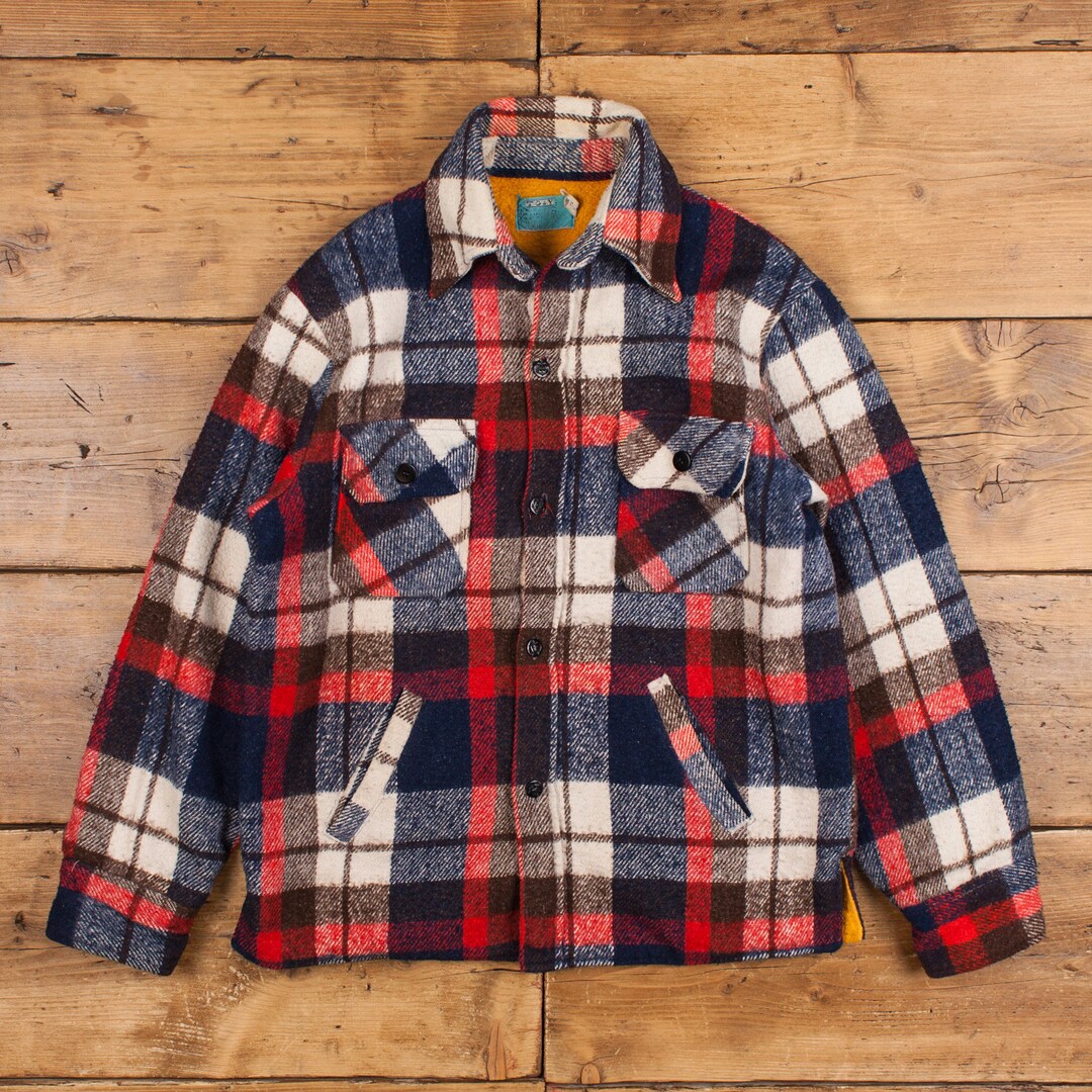 Vintage TG&Y Wool Jacket S 70s CPO USA Made Check Overshirt Blue Button ...