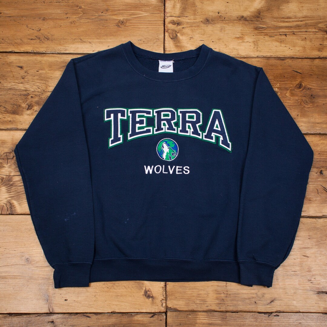 Mens 90s Vintage Navy Blue Terra Wolves Embroidered Patch Sweatshirt S ...