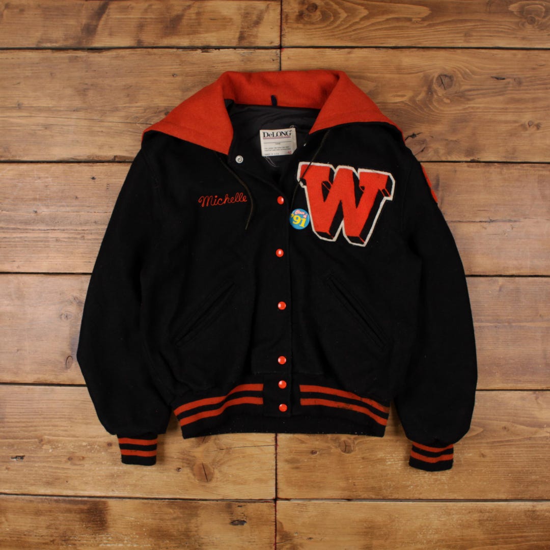 Vintage Delong Varsity Jacket L 90s Bomber Letterman USA Made Black ...