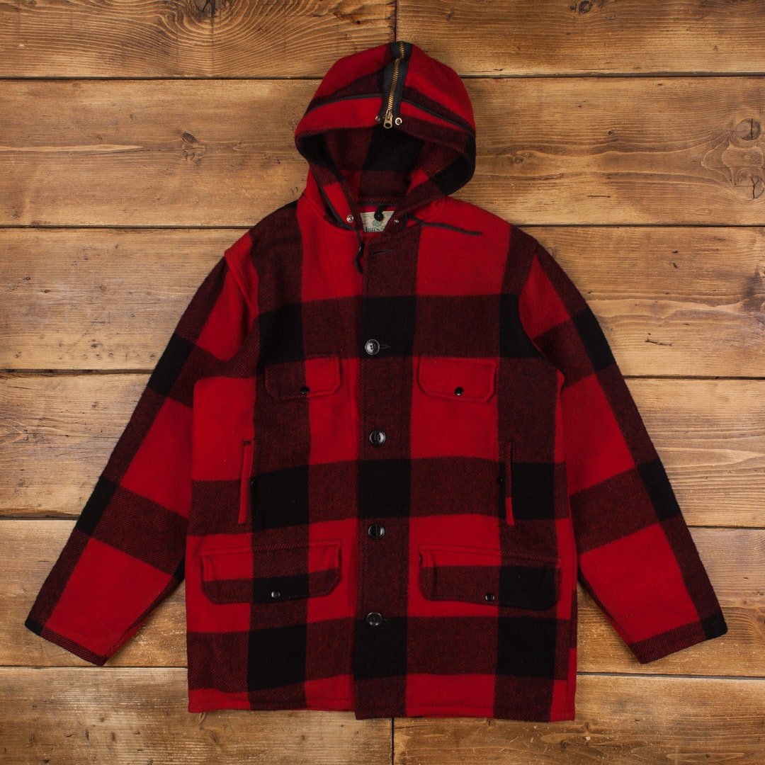 Vintage Johnson Wool Coat M 60s Mackinaw Coat USA Made Plaid Red Button ...