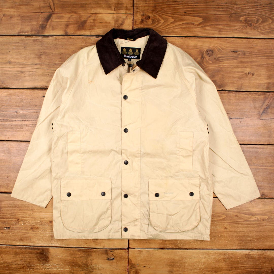 Barbour Beaufort Wax Jacket L Mens 00s Cream Cotton Beige Full Zip ...
