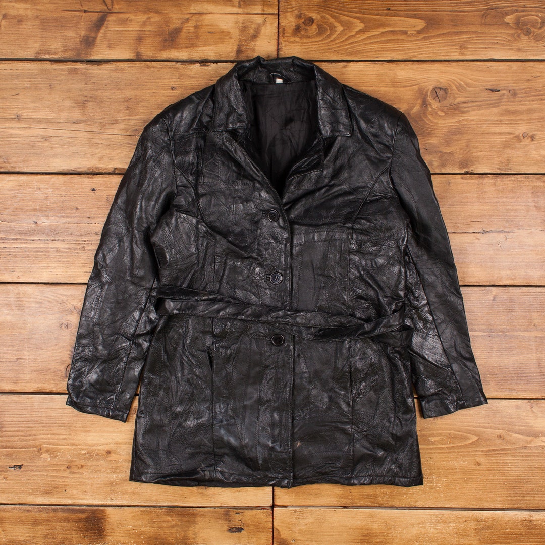 Vintage Leather Jacket M Mob Belted Black Womens Button - Etsy