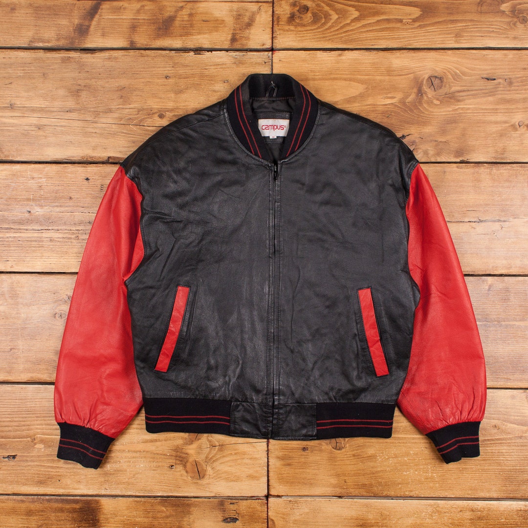 Vintage Campus Varsity Jacket M Bomber Leather Black Zip - Etsy