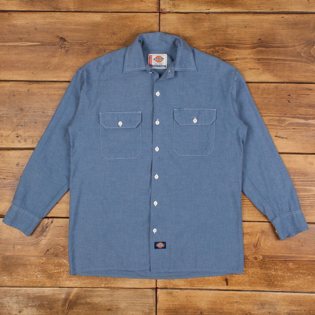 Vintage Dickies Workwear Shirt Button M Chambray Denim Mens Long Sleeve ...