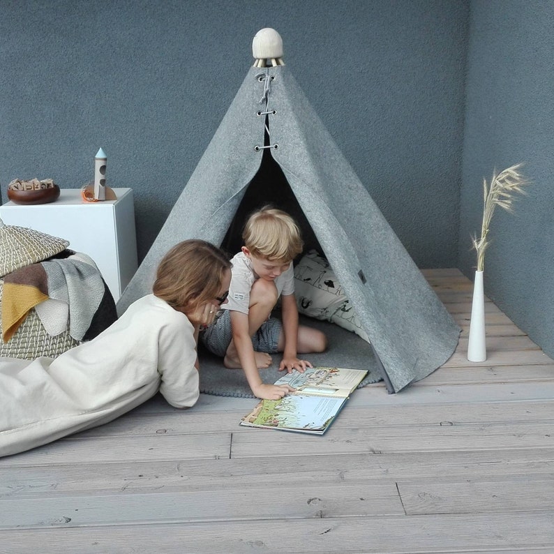 Grey Teepee Tent for Kids From Wool With Poles and Mat - Etsy