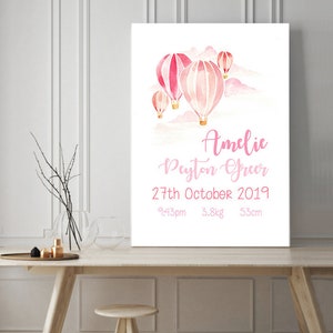 Pink Hot Air Balloon Birth Details Art Print, Personalised Name Nursery ...