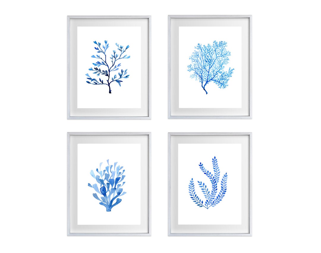 Coral Botanical Blue Watercolour Prints - Set of 4. Under the Sea ...
