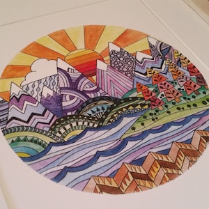 70's Zentangle Sunshine Art Print, Home Decor, Wall Art, Mountains ...