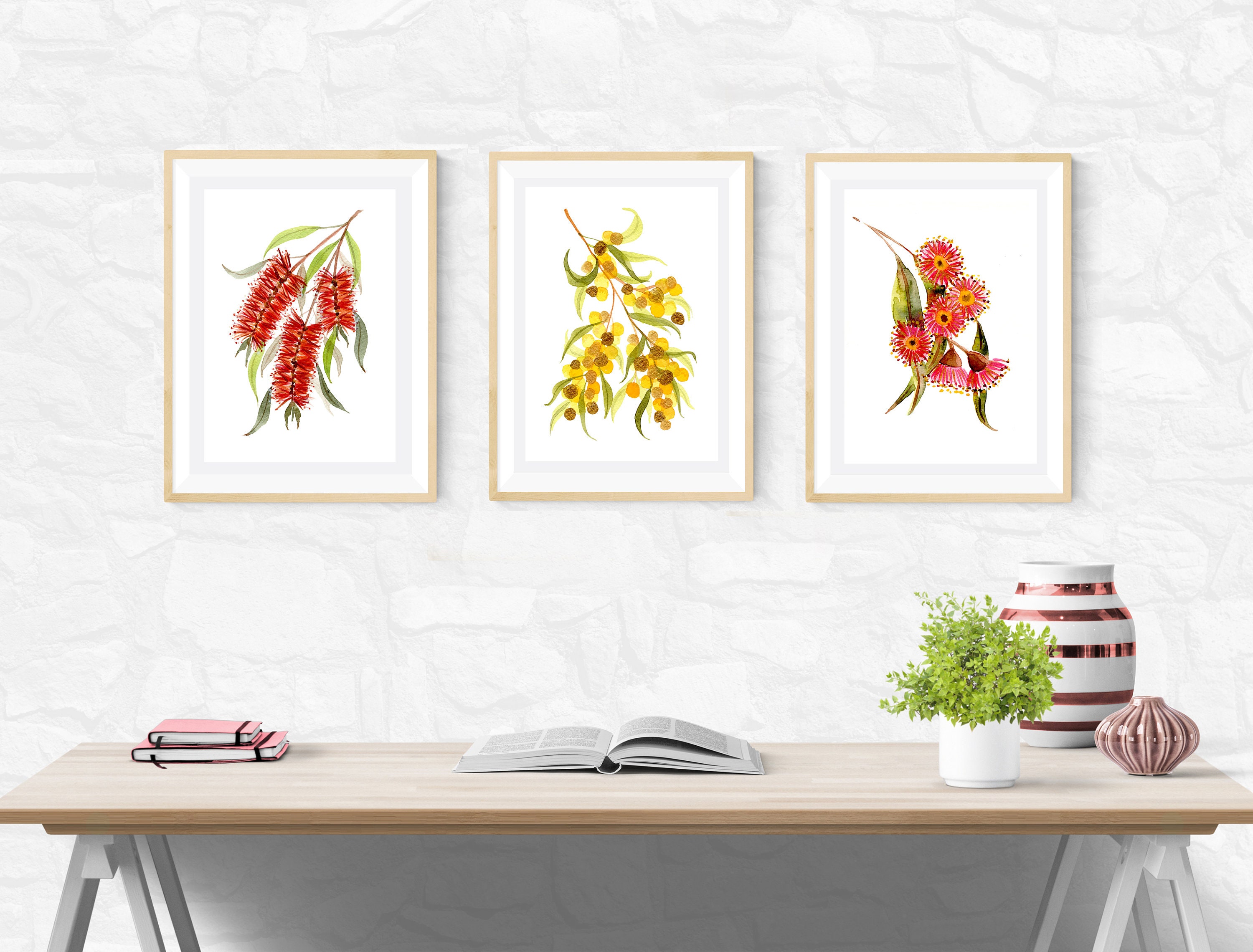 Set of 3 Australian Flora Art Prints Wattle Bottlebrush Red - Etsy ...