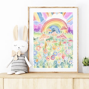 Rainbow & Toadstools Art Print, Colourful Abstract Children's Wall Art ...