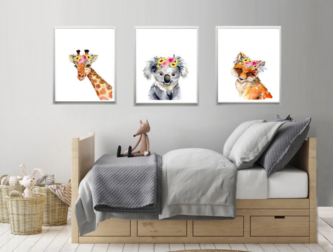 Animal Nursery Art Prints / Giraffe Koala Fox With Flower | Etsy
