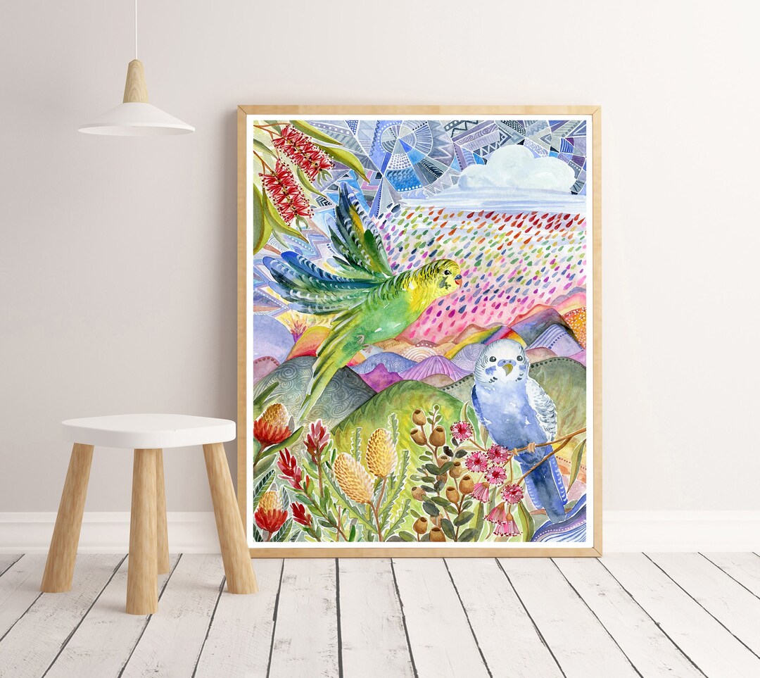 Budgies Art Print, Abstract Bird Painting, Colourful Watercolour ...