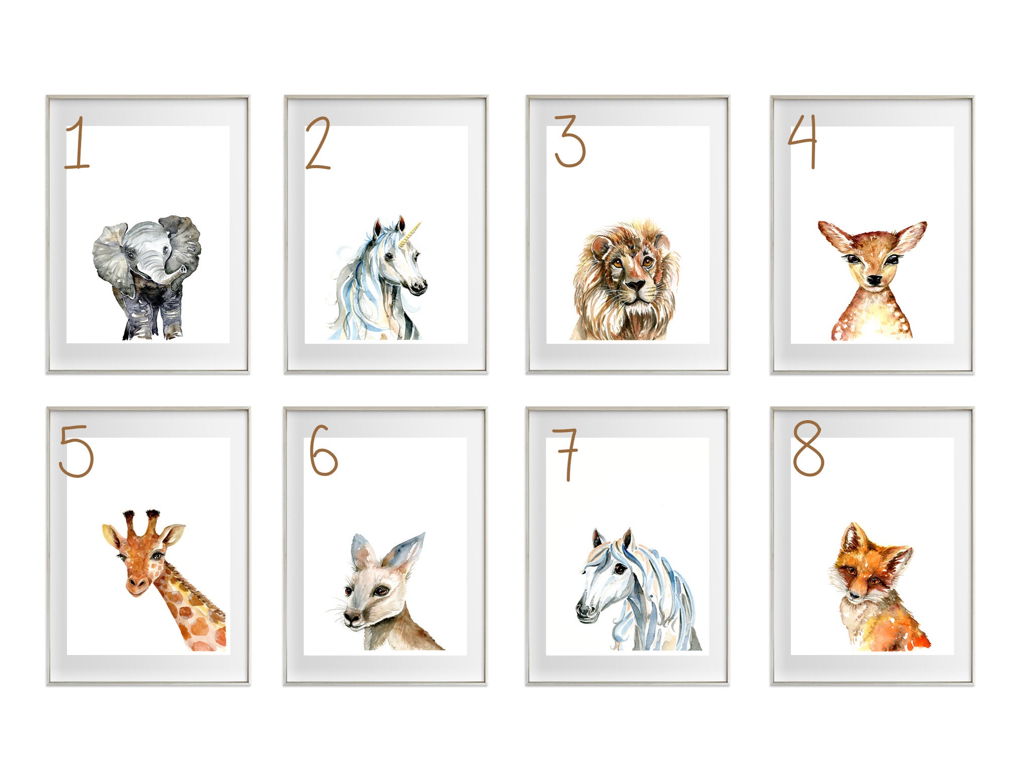 Animal Art Prints, Set of 2, Safari Nursery Lion Giraffe Elephant Deer ...