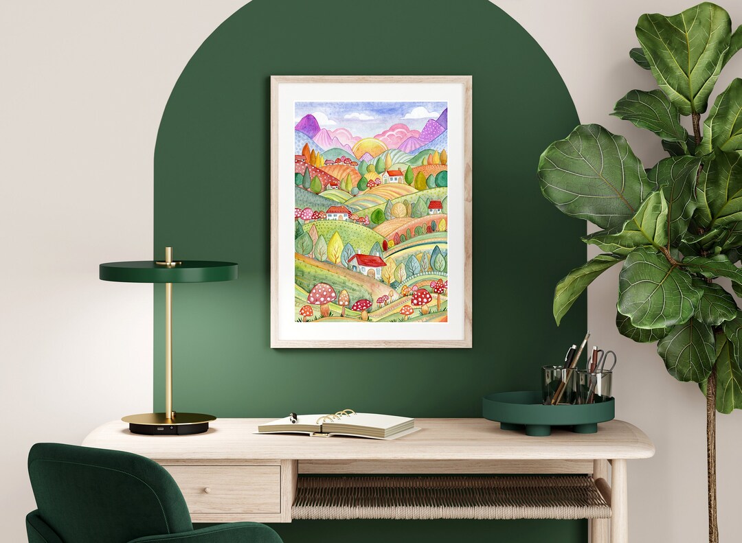 Toadstool Village Art Print, Colourful Mushroom Wall Art, Whimsical ...