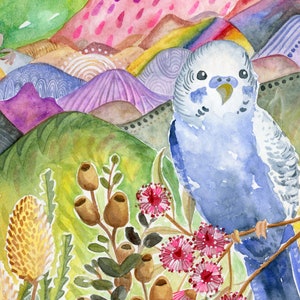 Budgies Art Print, Abstract Bird Painting, Colourful Watercolour ...