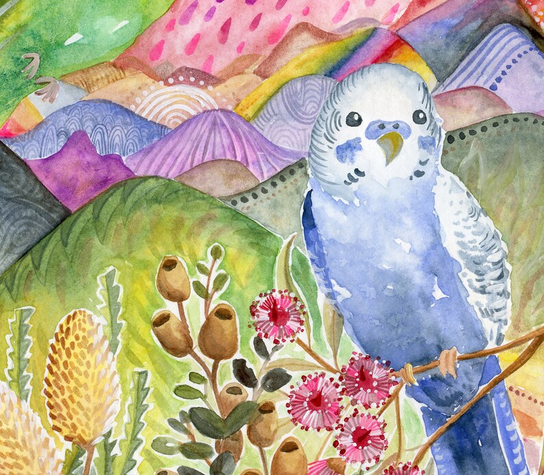Budgies Art Print, Abstract Bird Painting, Colourful Watercolour ...