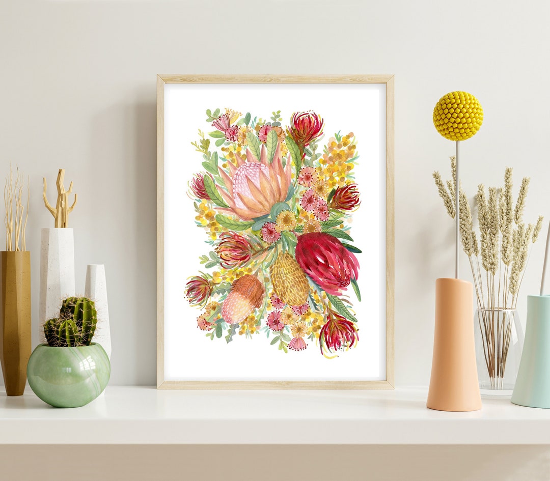 Proteas Art Print, King Proteas Australian Natives, Modern Aussie Flower Painting, Decor Wall ...