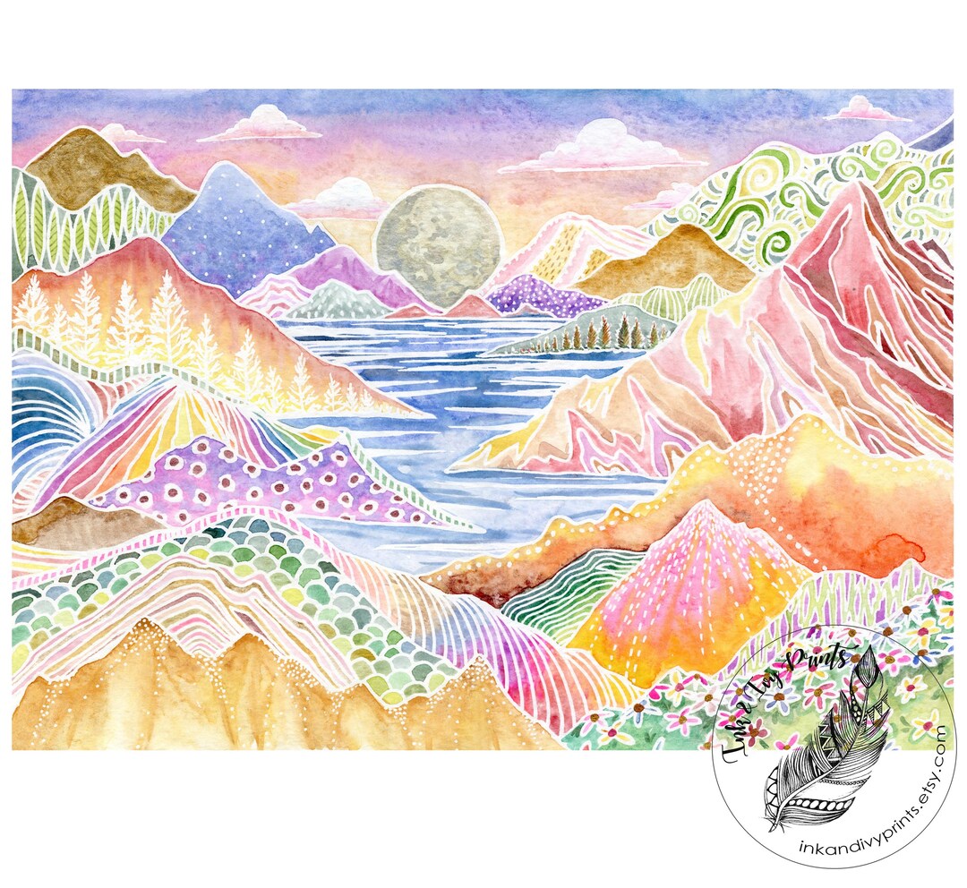 Moonscape Art Print, Colourful Mountain Abstract Wall Art, Whimsical ...