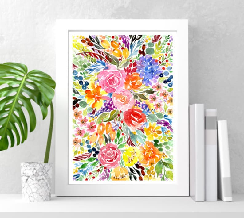 Colourful Spring Flowers Art Print, Floral Watercolour Painting, Bright ...