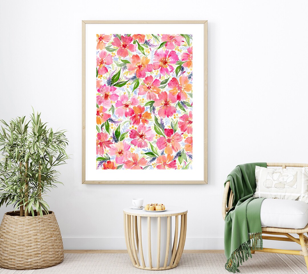 Pink Flowers Art Print, Floral Watercolour Painting, Bright Home Decor ...