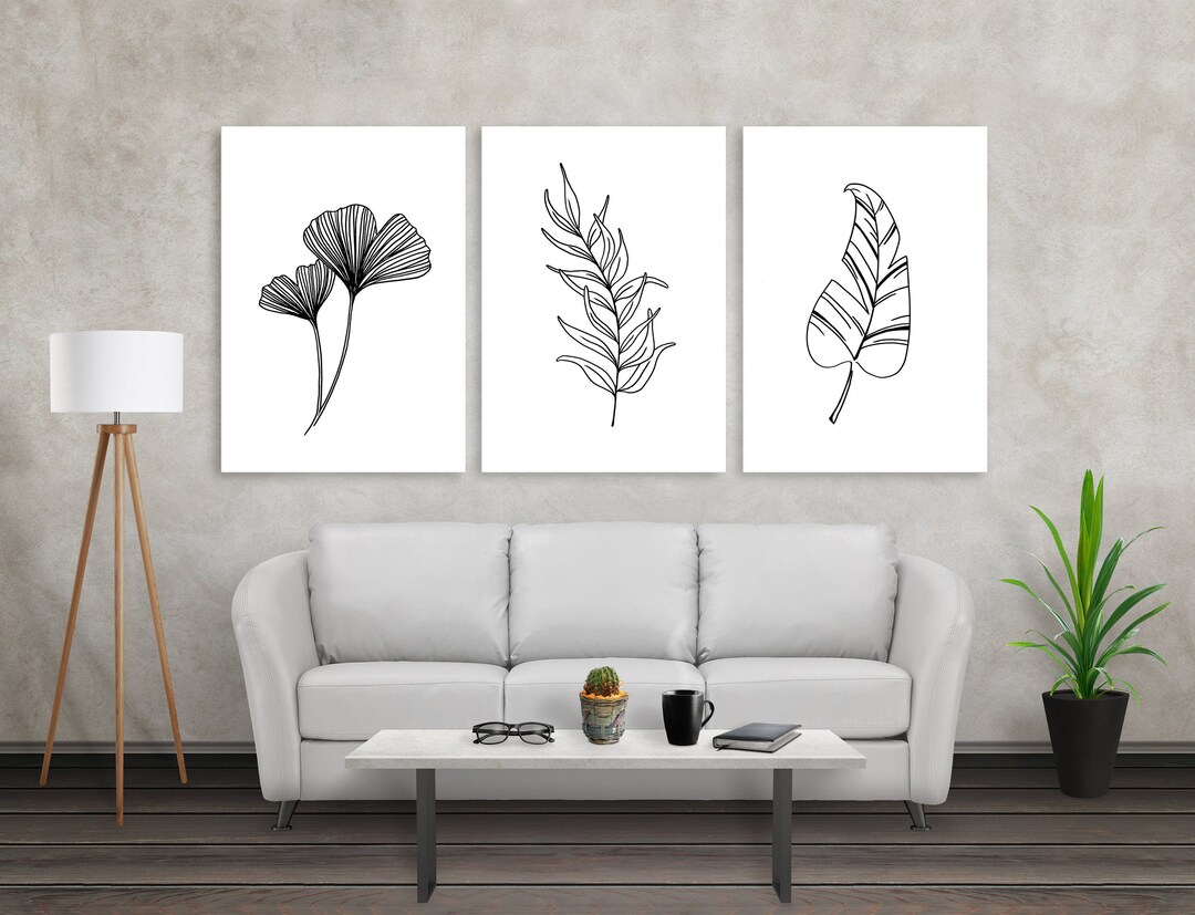 Leaf Line Art Drawing / Set of 3 Prints / Natural Leaves Home Decor ...