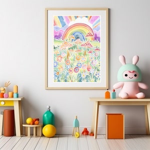 Rainbow & Toadstools Art Print, Colourful Abstract Children's Wall Art ...