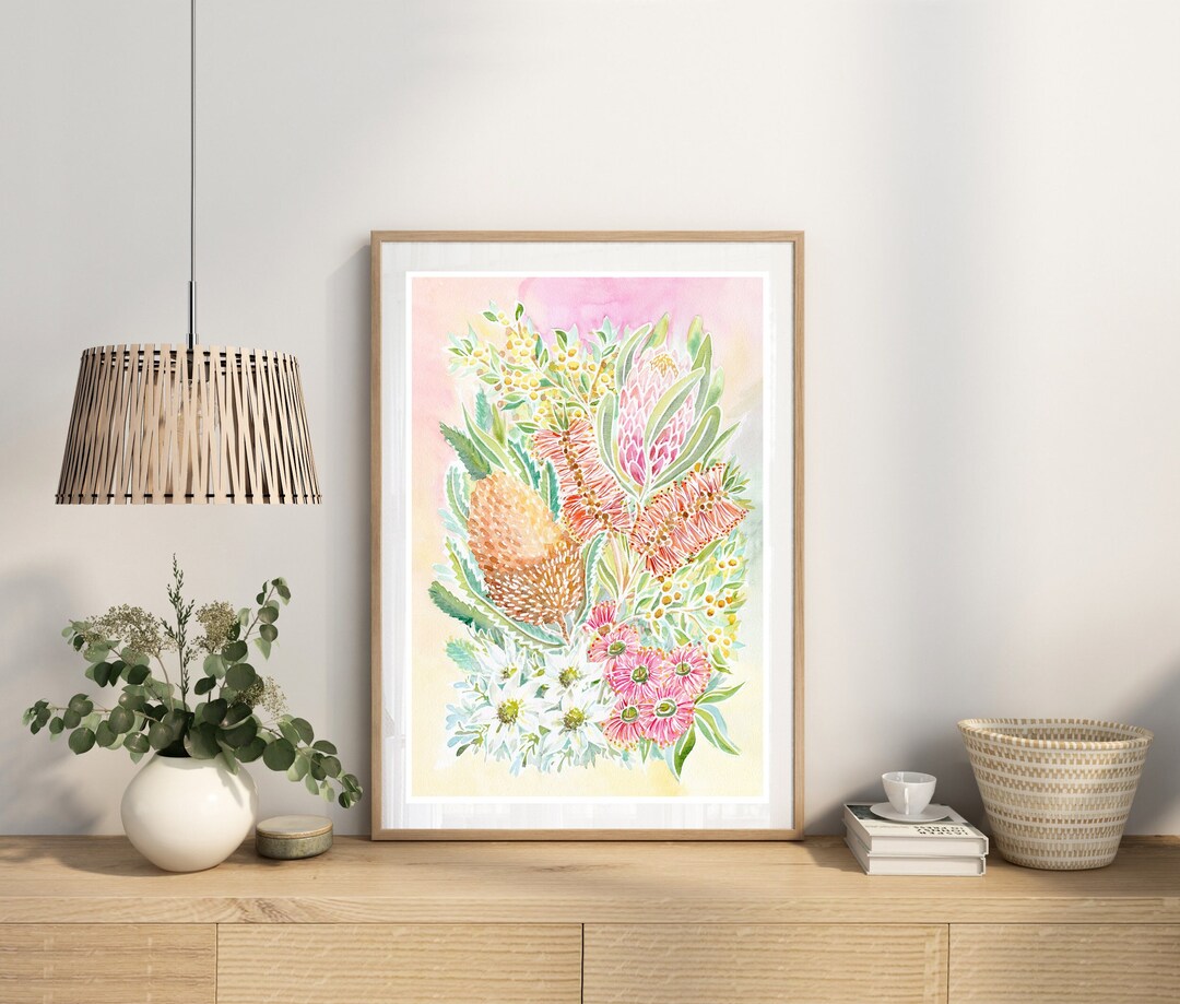 Native Flower Art Print, Australian Flora Painting, Banksia Watercolor ...